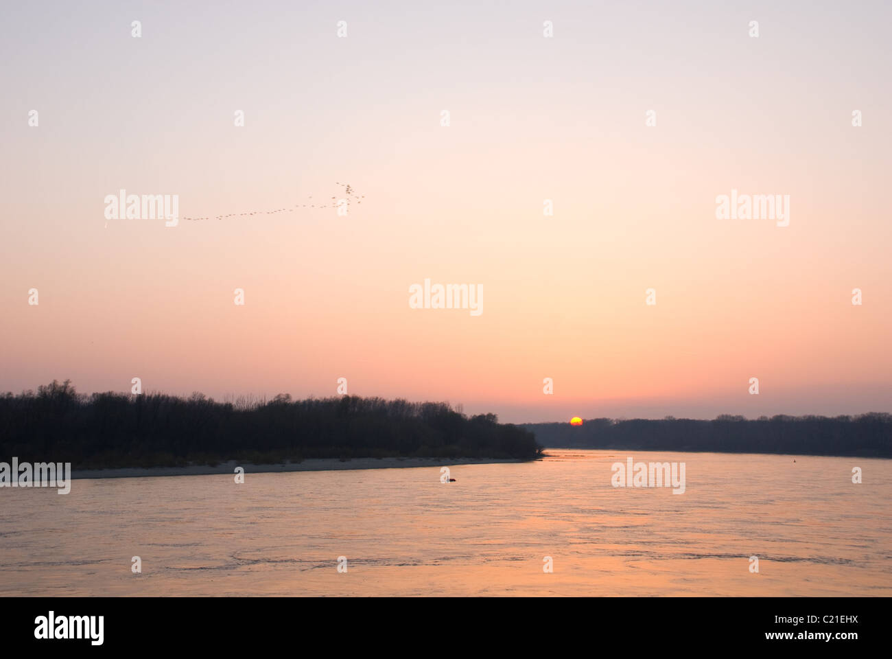 beautiful sunset with water reflection over the Danube river Stock ...