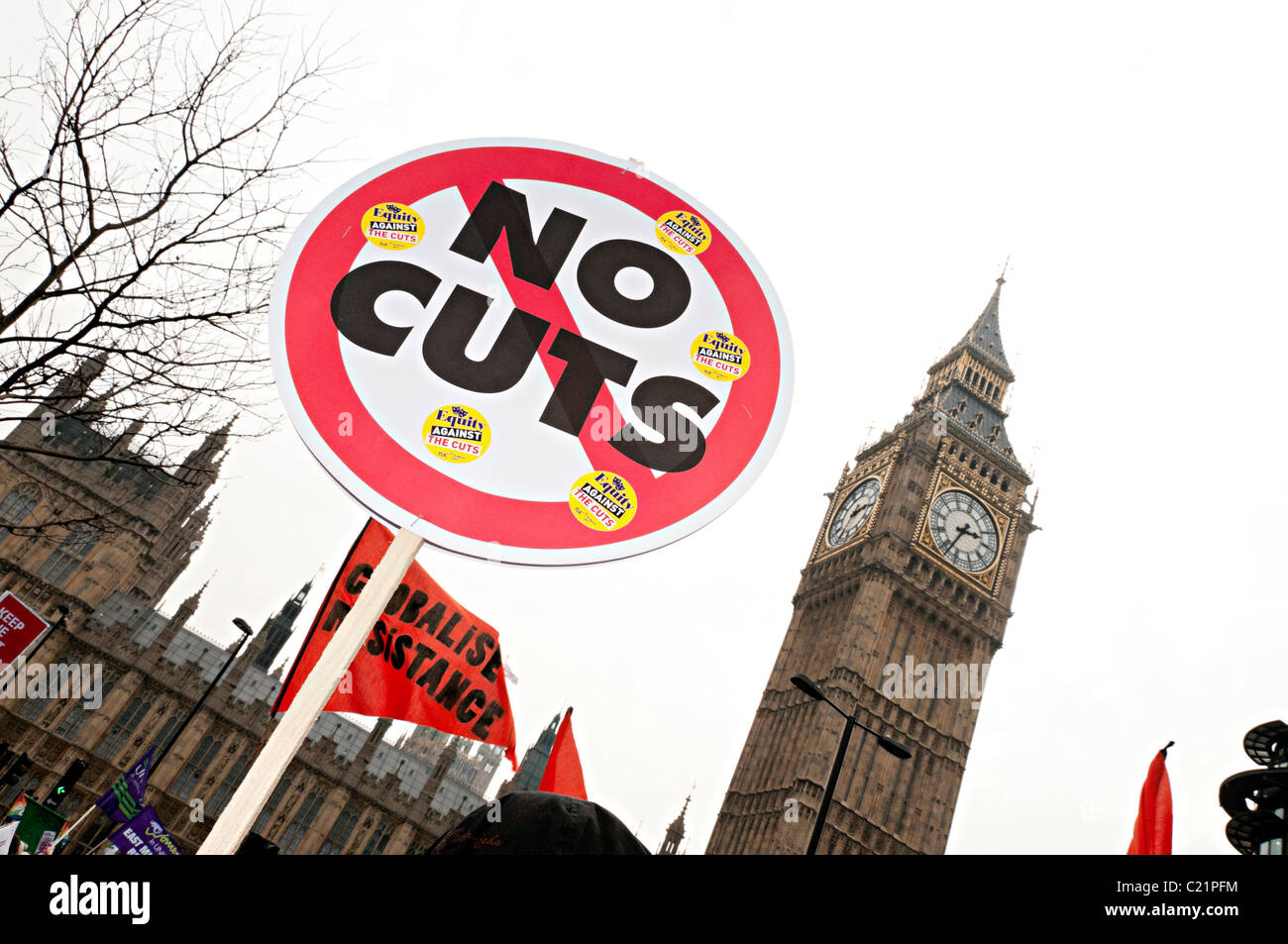 no cuts banners outside parliament as part of the march for the ...