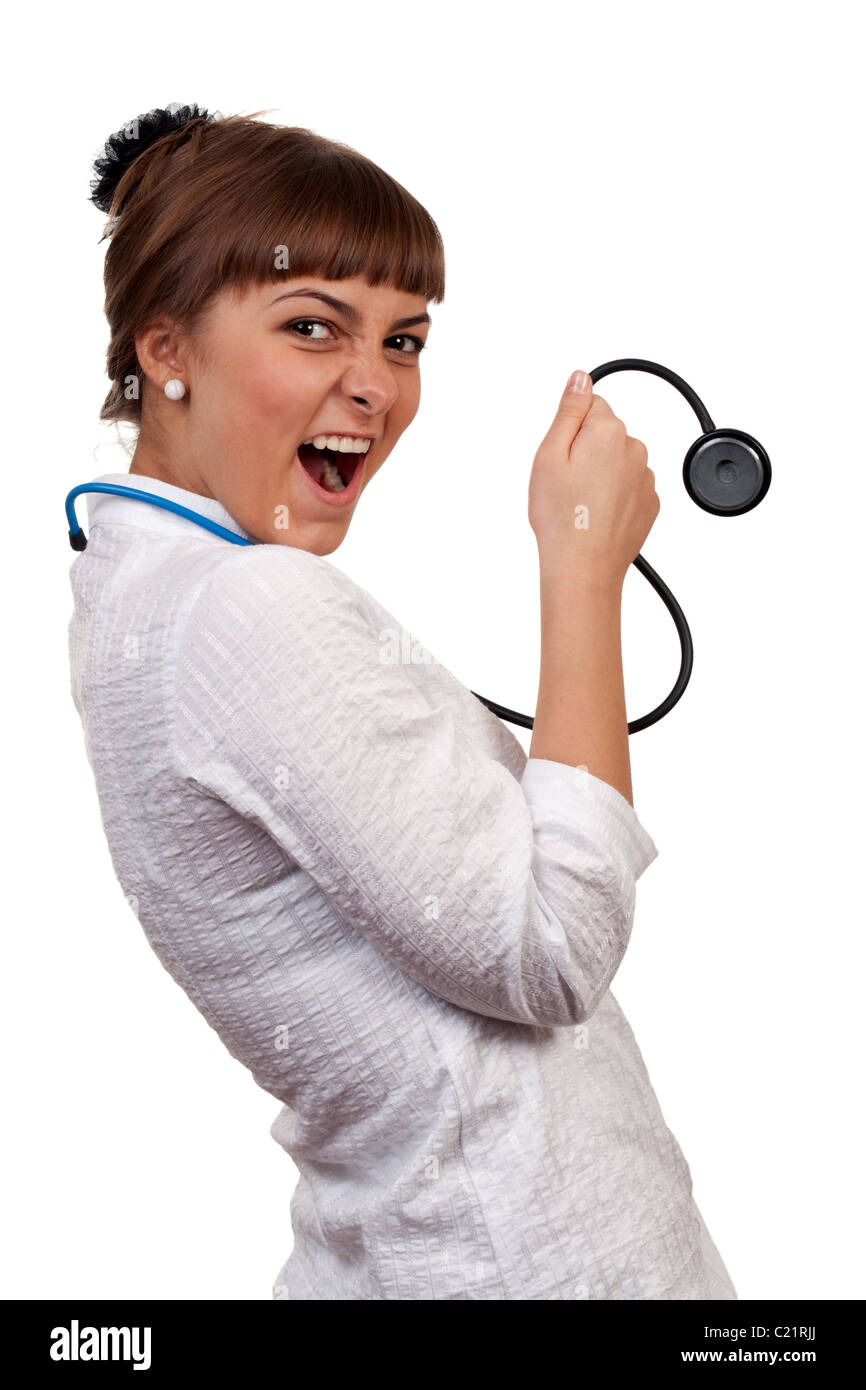 beautiful young woman doctor with a stethoscope sings on a white ...