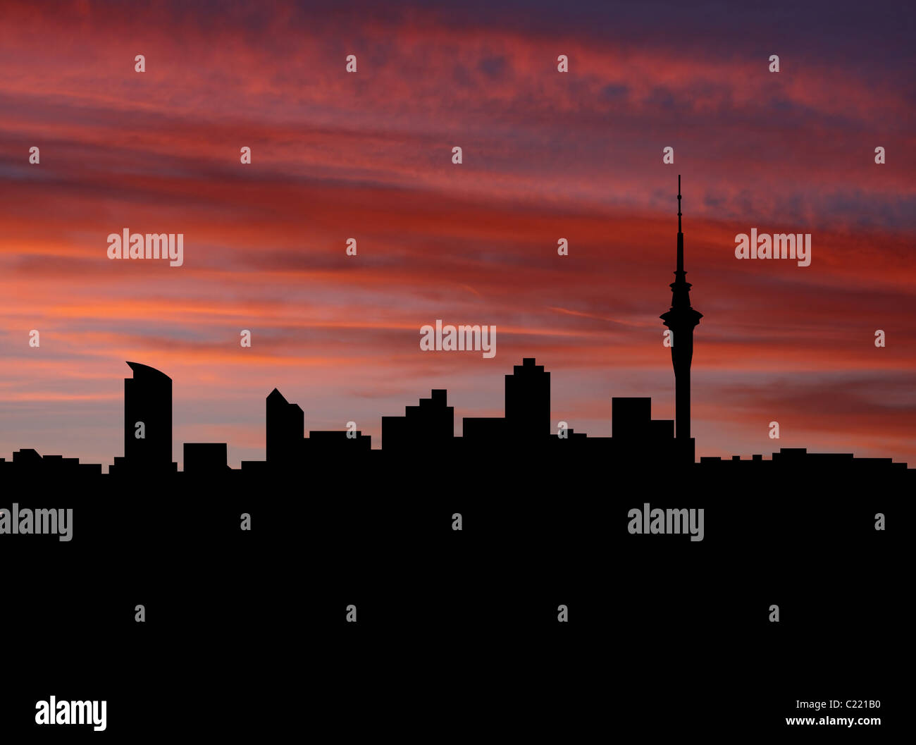 Auckland skyline at sunset with beautiful sky illustration Stock Photo ...