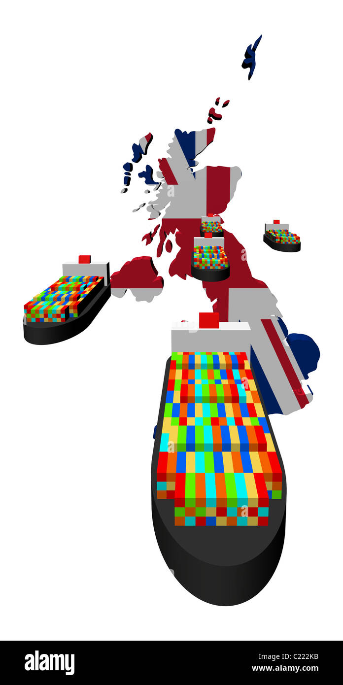 UK map flag with container ships illustration Stock Photo - Alamy
