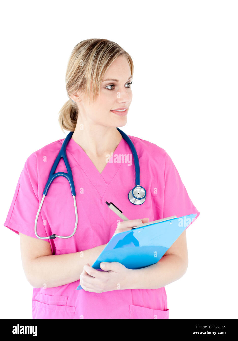 Serious female surgeon against a white background Stock Photo - Alamy