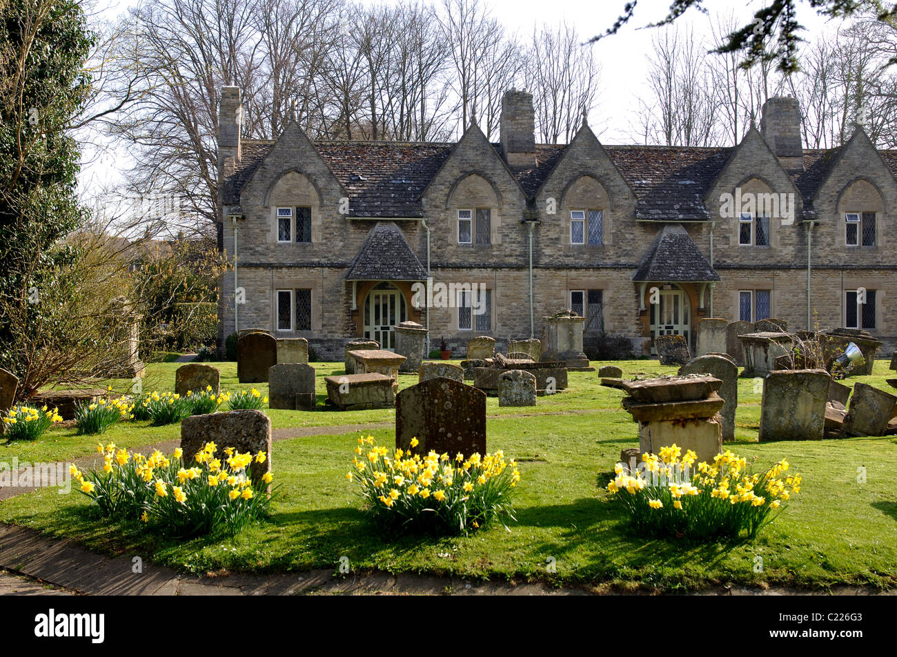 The almshouses from St. Mary`s churchyard, Witney, Oxfordshire, England ...