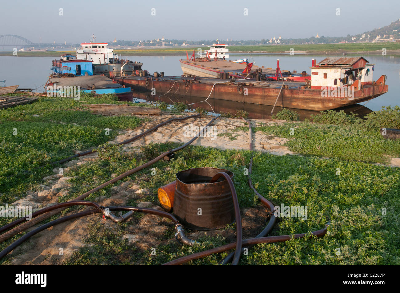 petrol terminal on the irrawaddyi river. sagaing. Myanmar Stock Photo ...