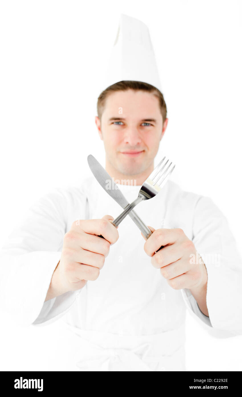 Man holding fork and knife Cut Out Stock Images & Pictures - Alamy
