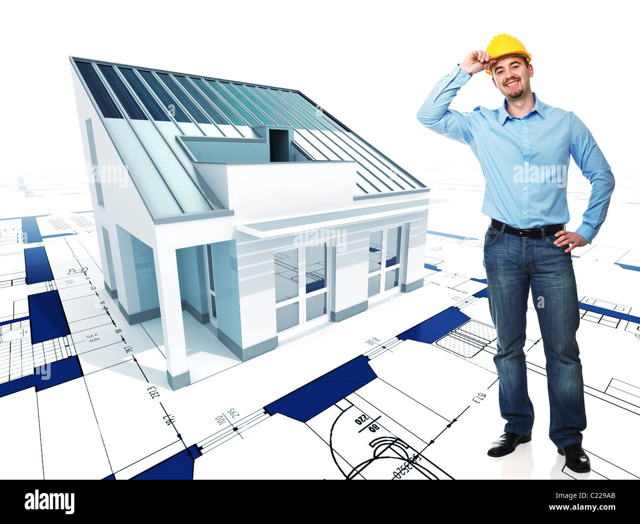 smiling architect and fine 3d house model background Stock Photo - Alamy