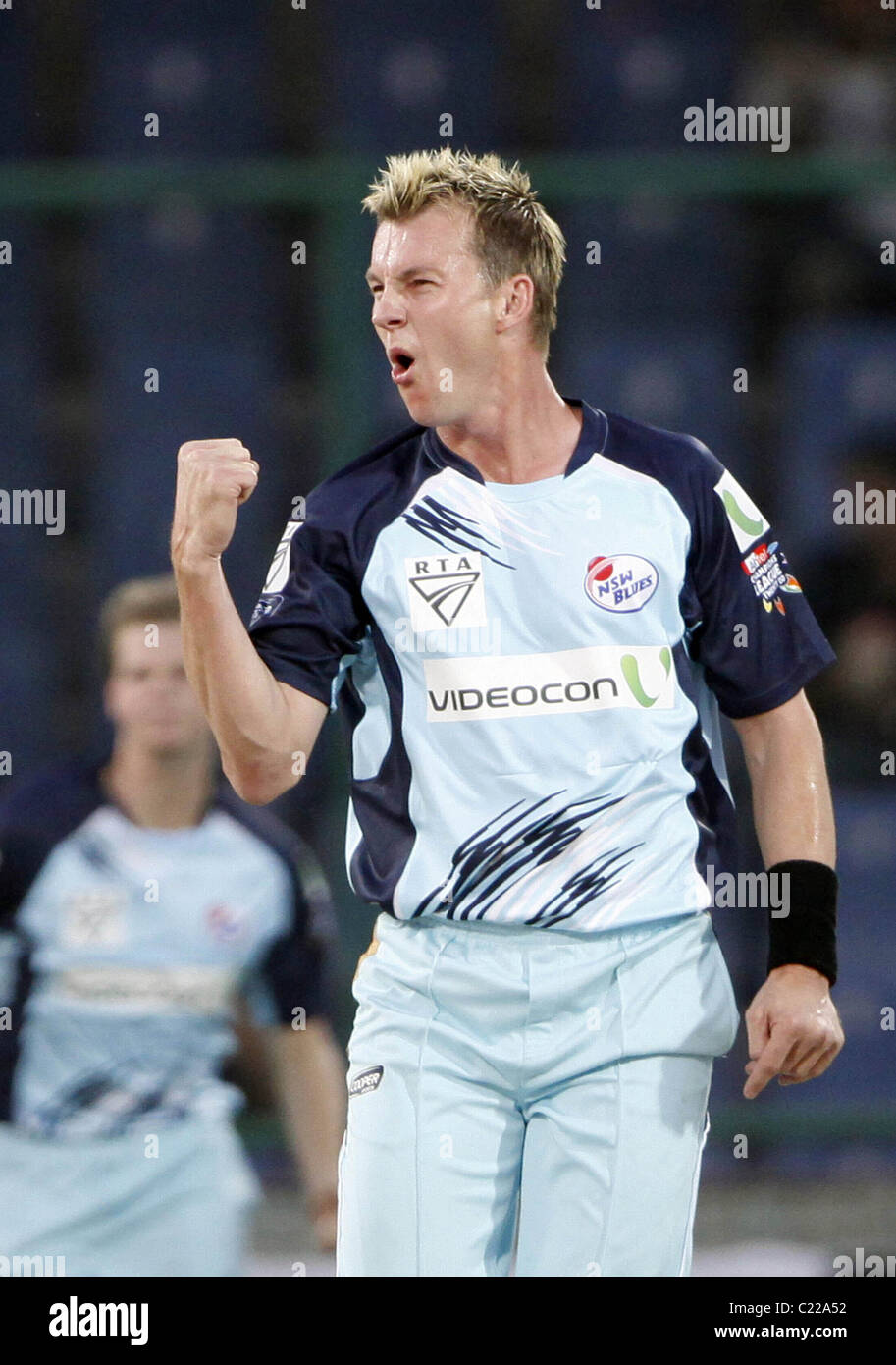 Brett Lee of the NSW Blues celebrates with team mates after taking the ...