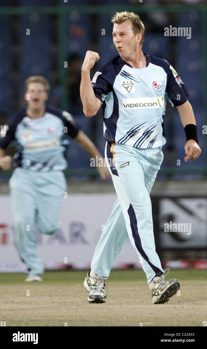Brett Lee of the NSW Blues celebrates with team mates after taking the ...
