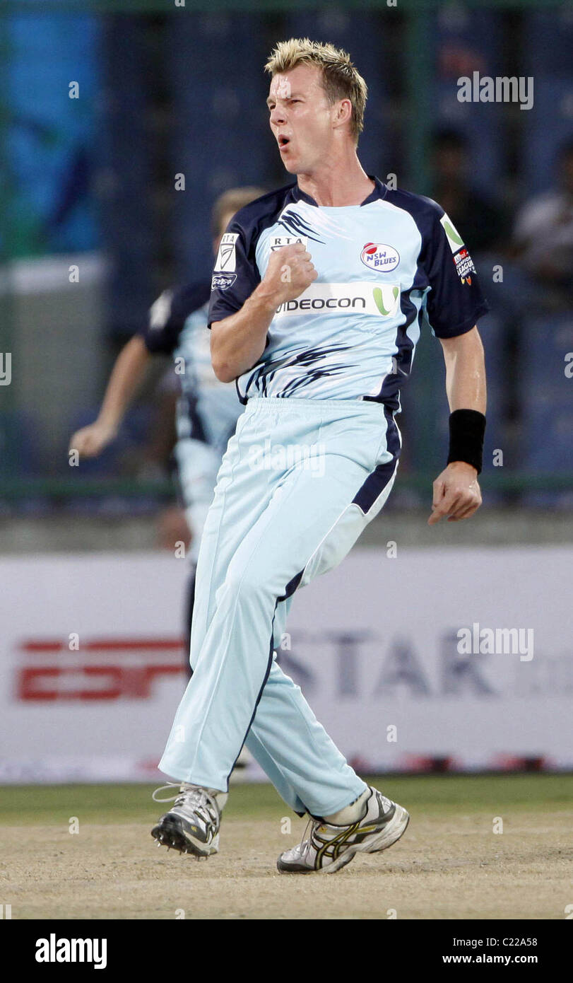 Brett Lee of the NSW Blues celebrates with team mates after taking the ...