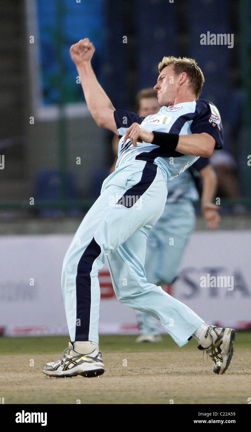 Brett Lee of the NSW Blues celebrates with team mates after taking the ...