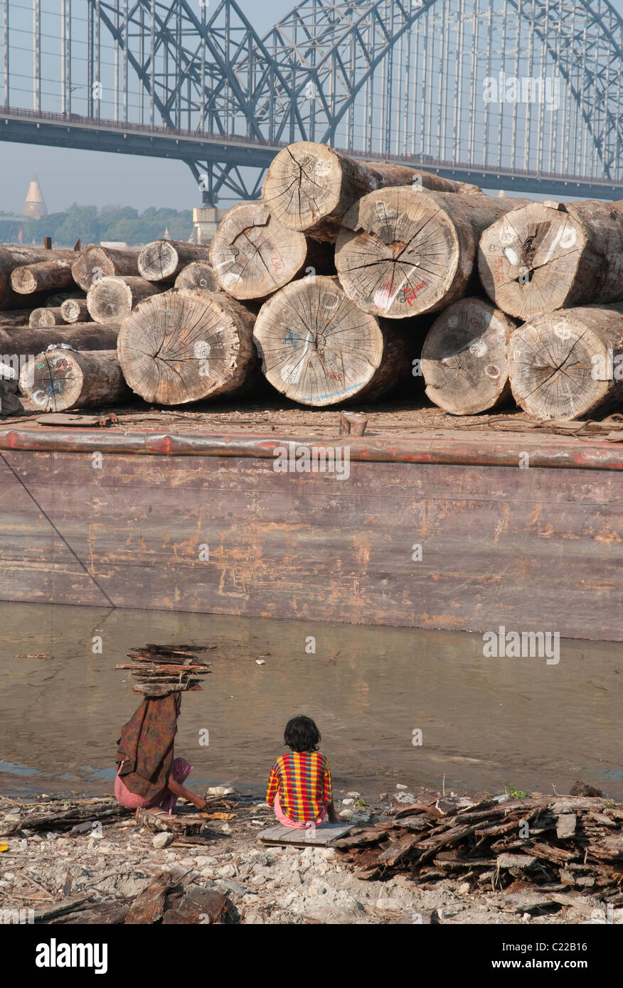 Timber depot. Yadanabon bridge. Sagaing. Irrawaddyi river. Myanmar ...
