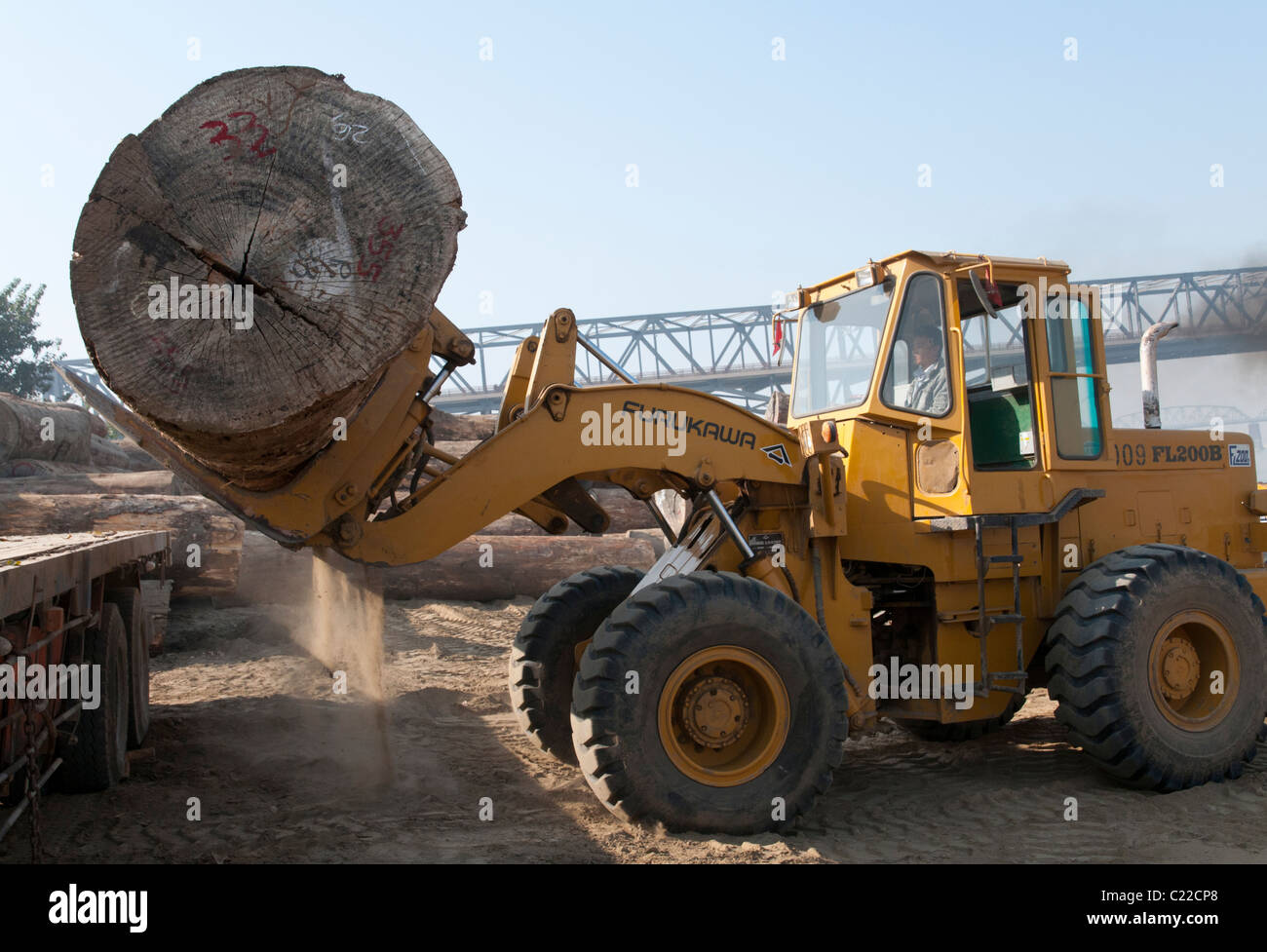 Timber depot. Yadanabon bridge. Sagaing. Irrawaddyi river. Myanmar ...