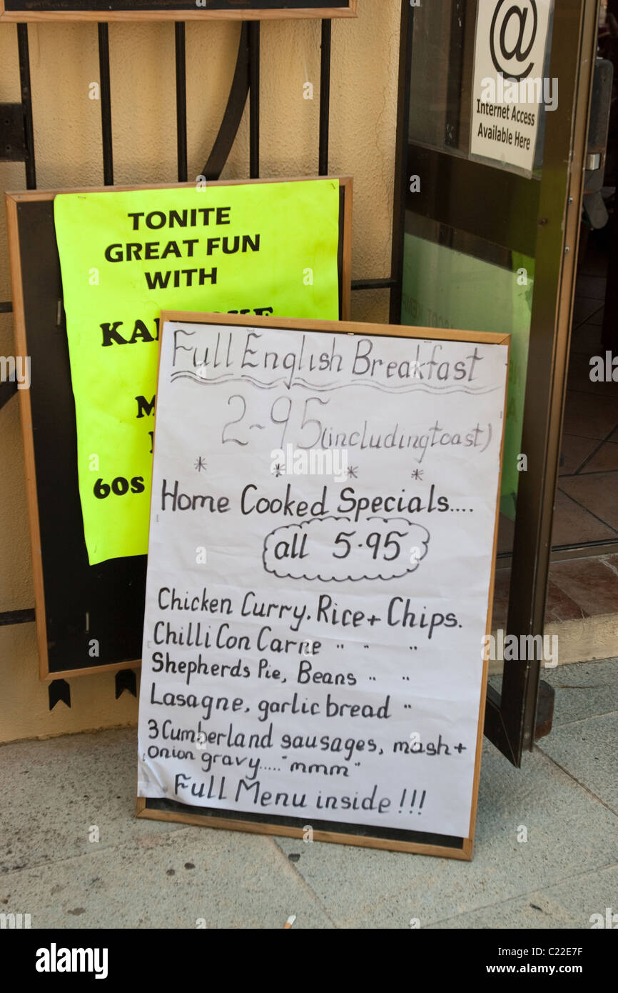 English breakfast fast food price list menu' sign signboard Magaluf Mallorca Majorca Balearic ...