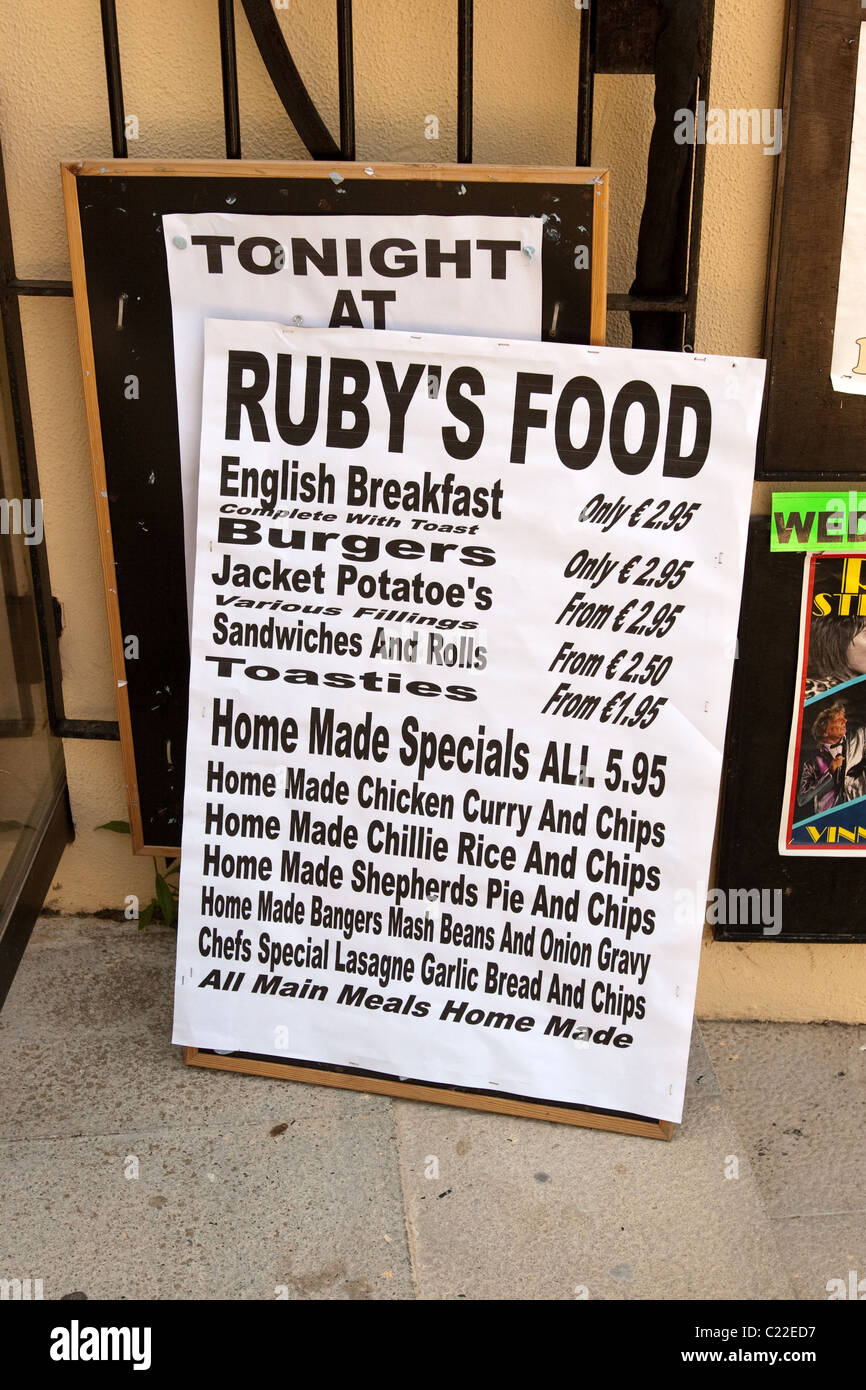 English breakfast fast food price list menu' sign signboard Magaluf Mallorca Majorca Balearic ...