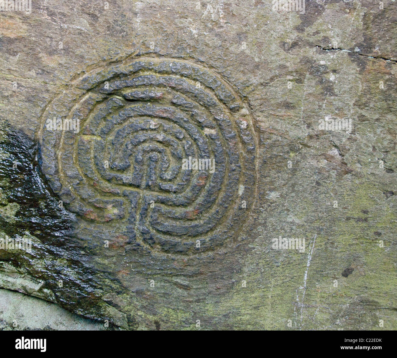 Labyrinth pattern carvings probably of the early Bronze Age in the rock ...