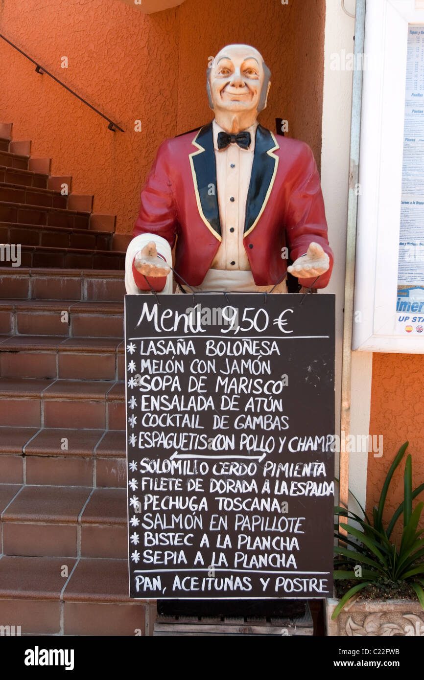Paper mache waiter statue puppet menu prices. Mallorca Majorca Balearic ...