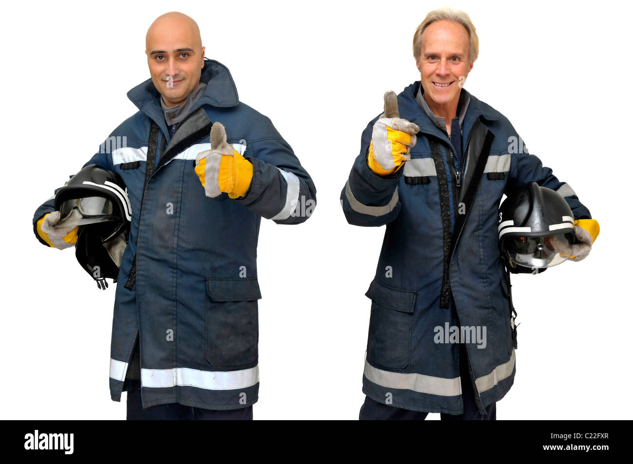 Firemen team in uniform isolated in white Stock Photo - Alamy