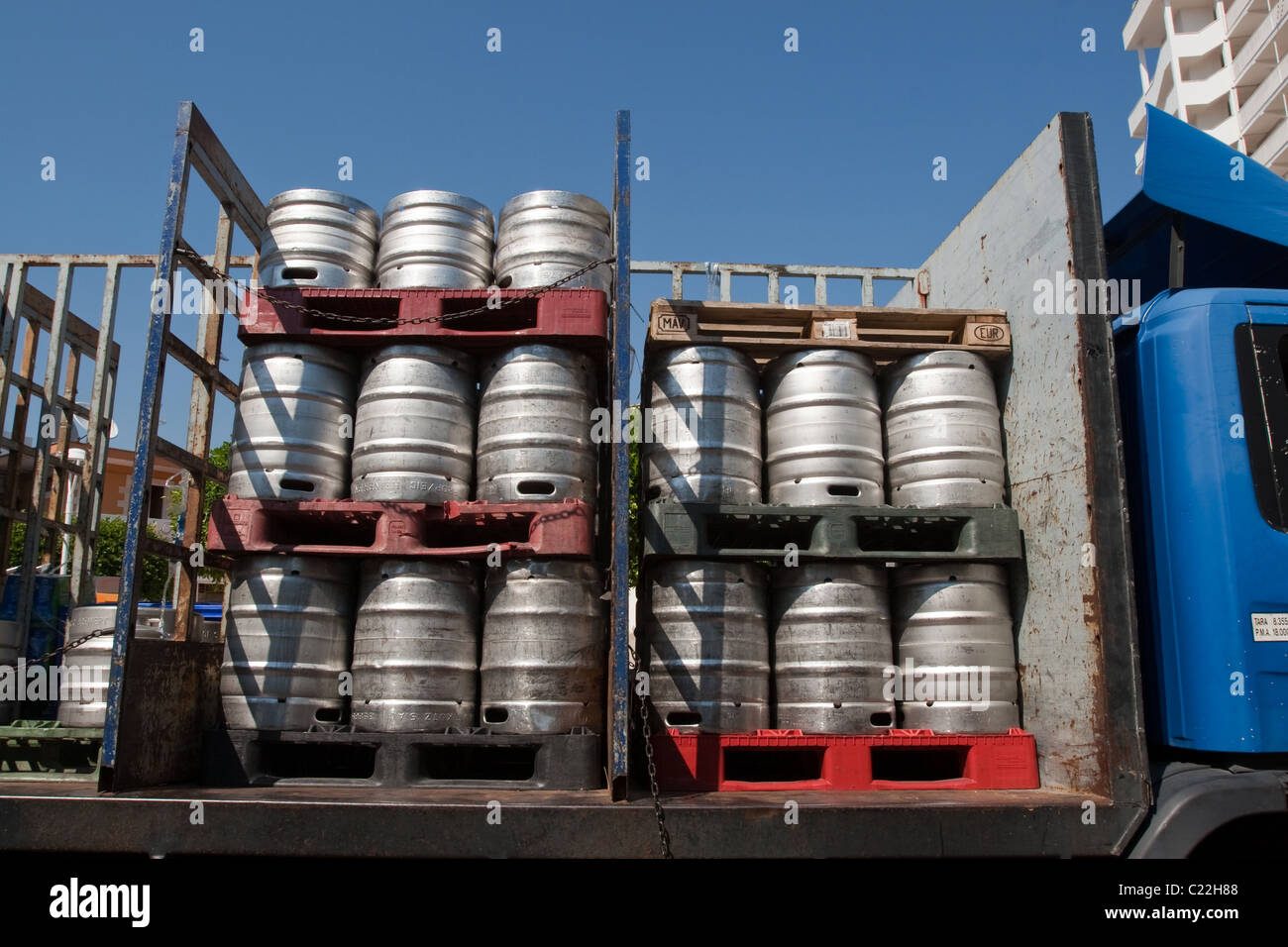 beer cylinders Barrels on truck delivering Mallorca Majorca Balearic ...