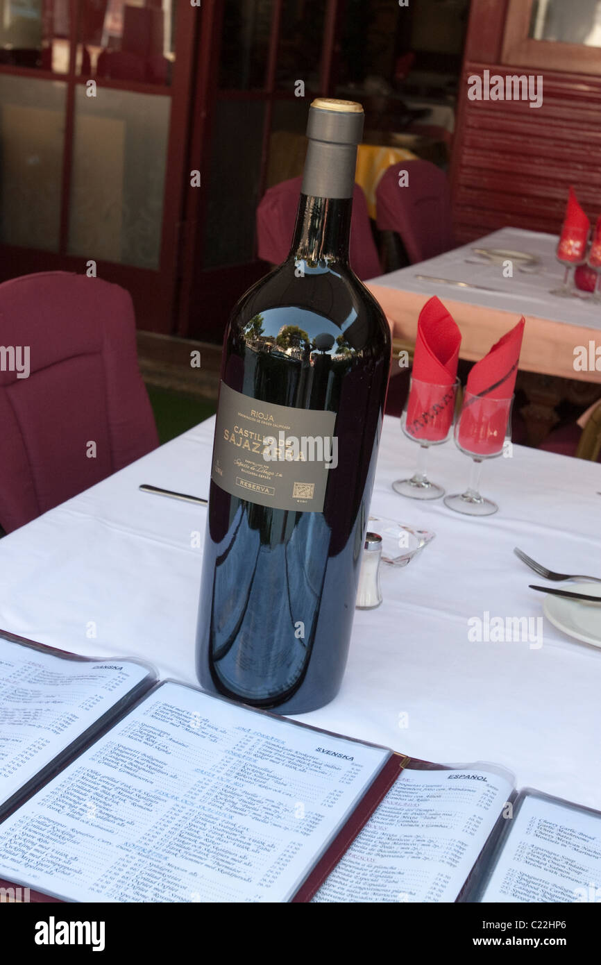 Spanish red wine bottle displayed on restaurant table Mallorca Majorca ...