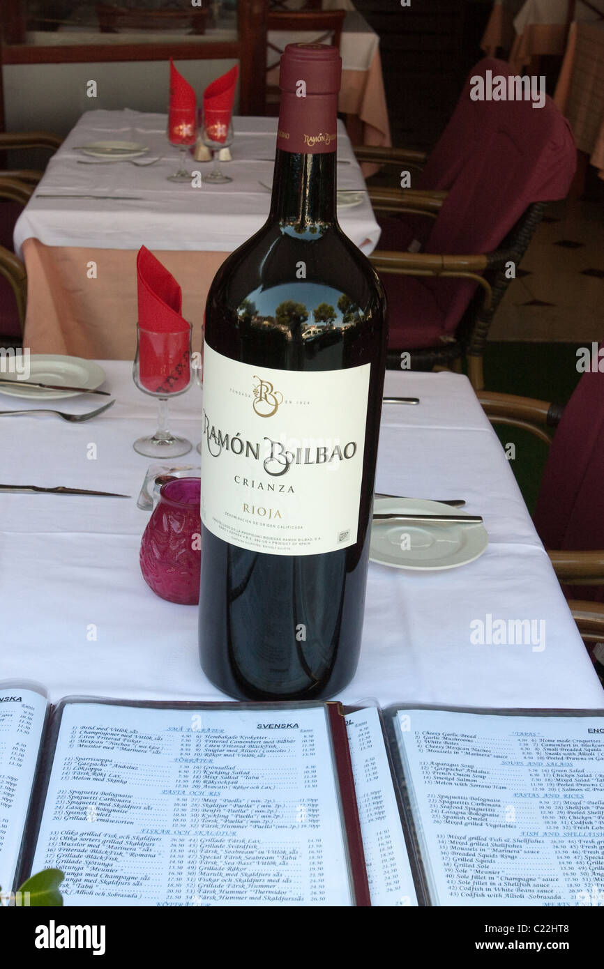 Spanish red wine bottle displayed on restaurant table Mallorca Majorca ...