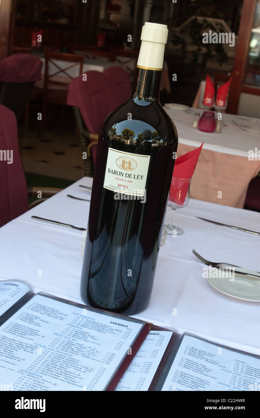 Spanish red wine bottle displayed on restaurant table Mallorca Majorca ...