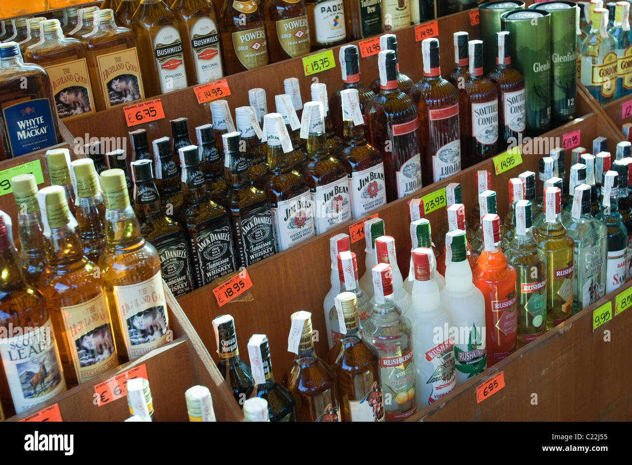 Spirits alcoholic bottles displayed for sale in store Magaluf Mallorca ...