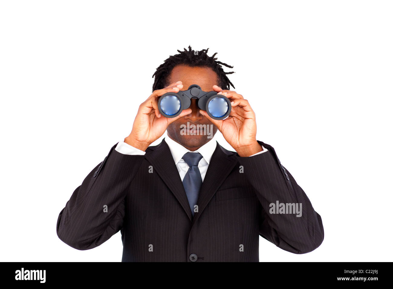 Cheerful business man using binoculars against a white background Stock ...