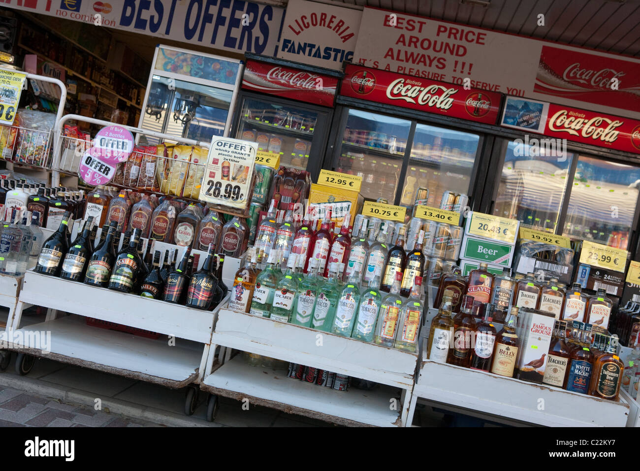 alcoholic bottles displayed for sale in store Magaluf Mallorca Majorca ...