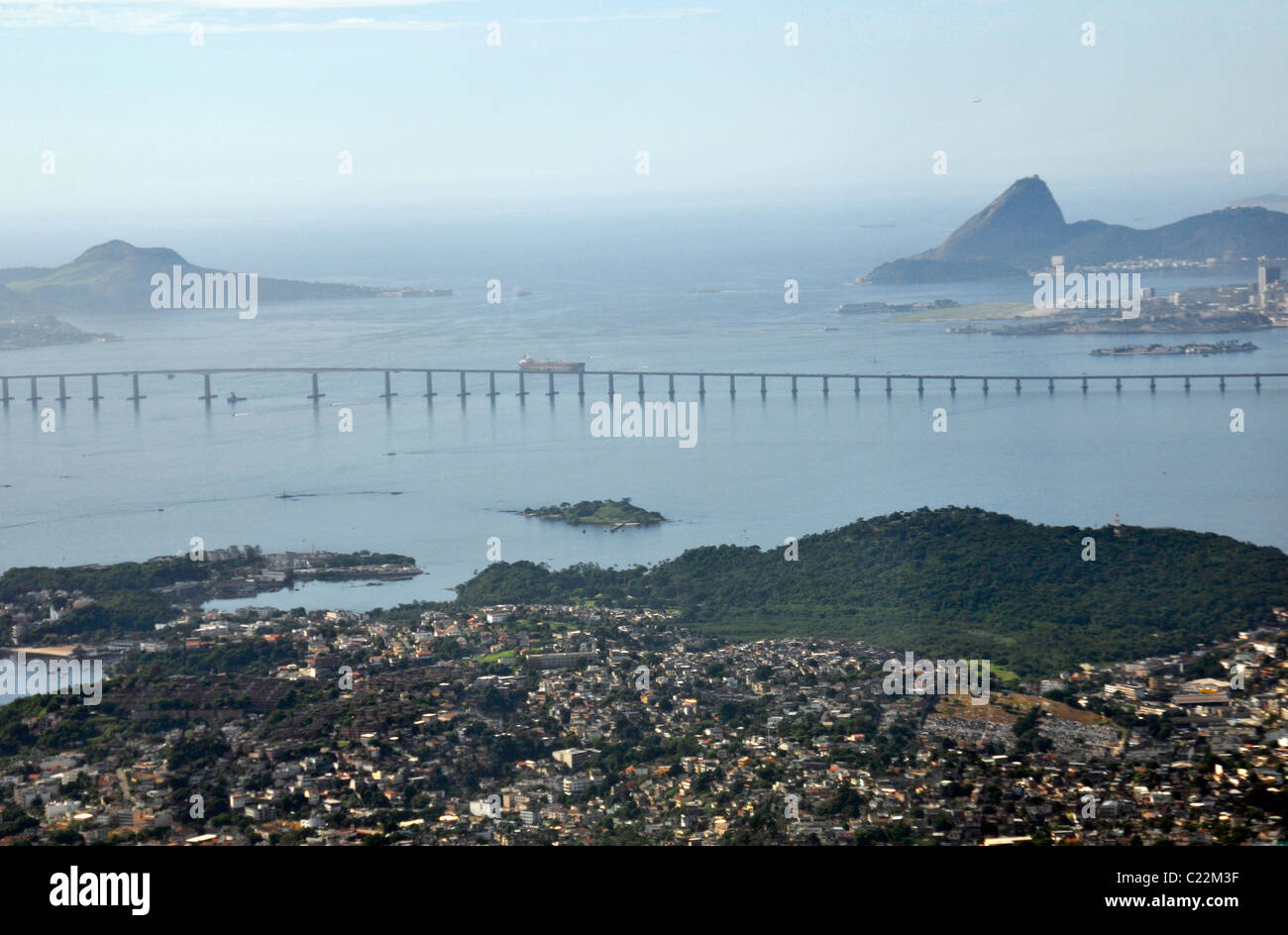 Aerial view of bridge connecting Niteroi and Rio de Janeiro, Guanabara ...