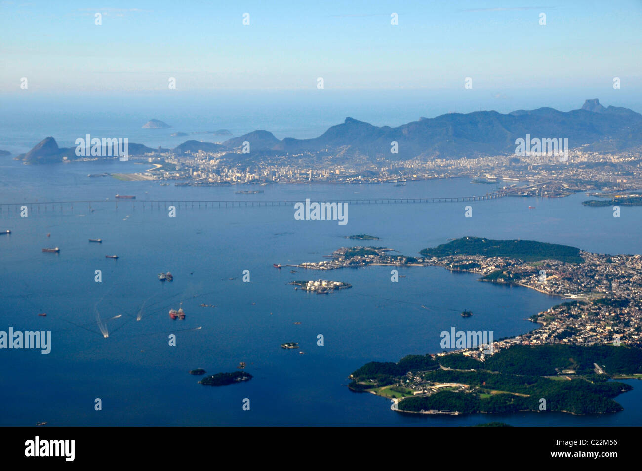 Aerial view of bridge connecting Niteroi and Rio de Janeiro, Guanabara ...