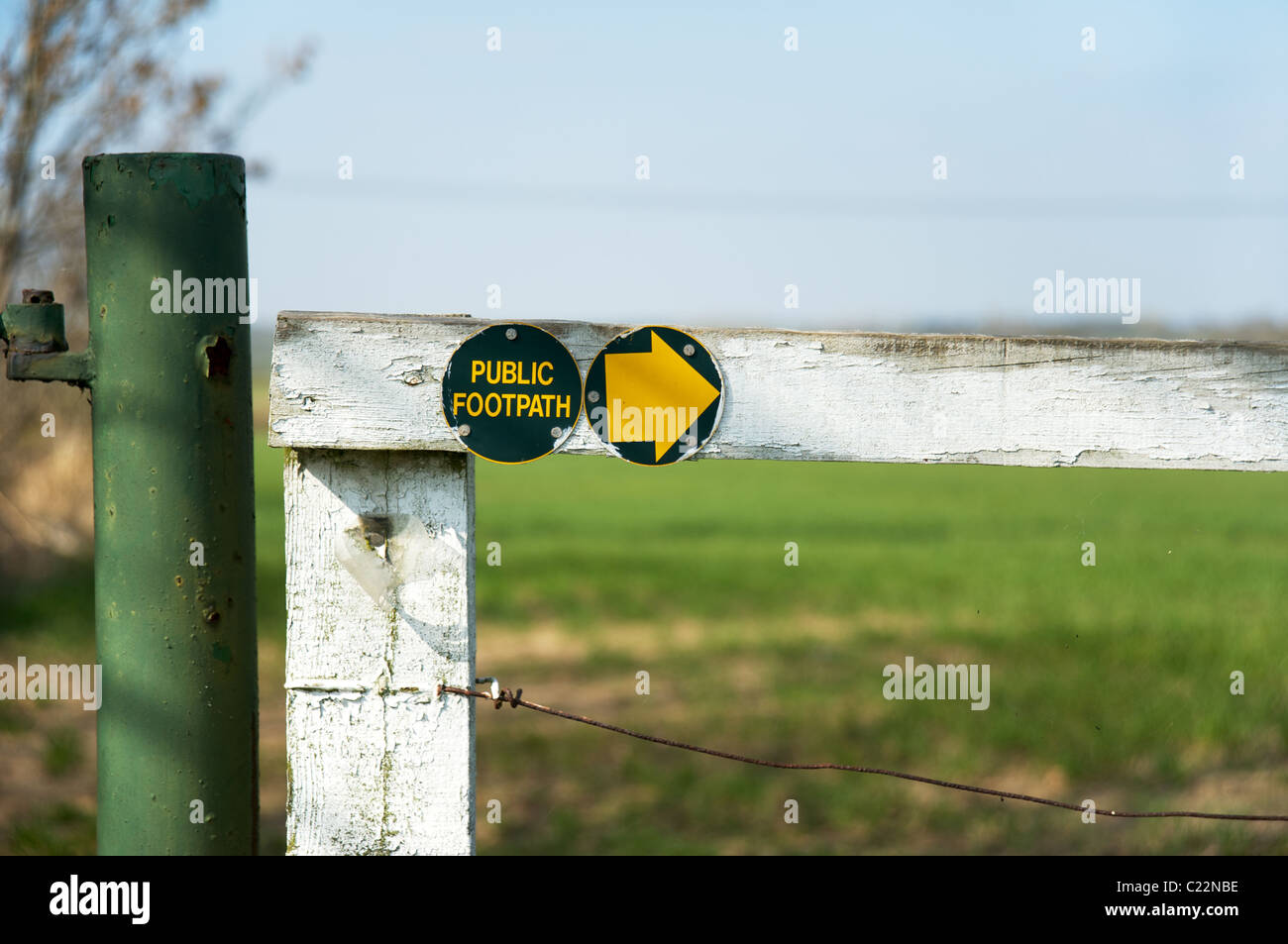 A public footpath sign attached to a fence on Hansell's farm in ...
