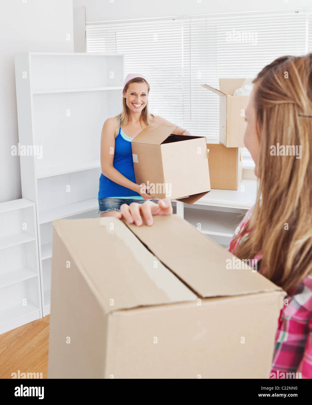Two smiling women carrying boxes at home Stock Photo - Alamy