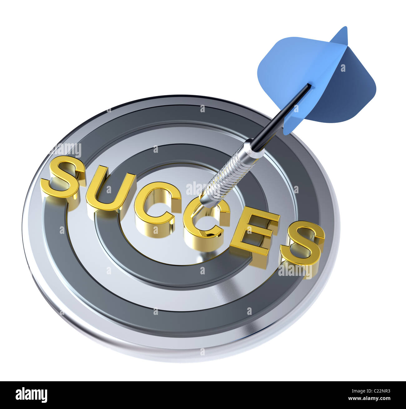 Blue dart on the target with success text on it Stock Photo - Alamy