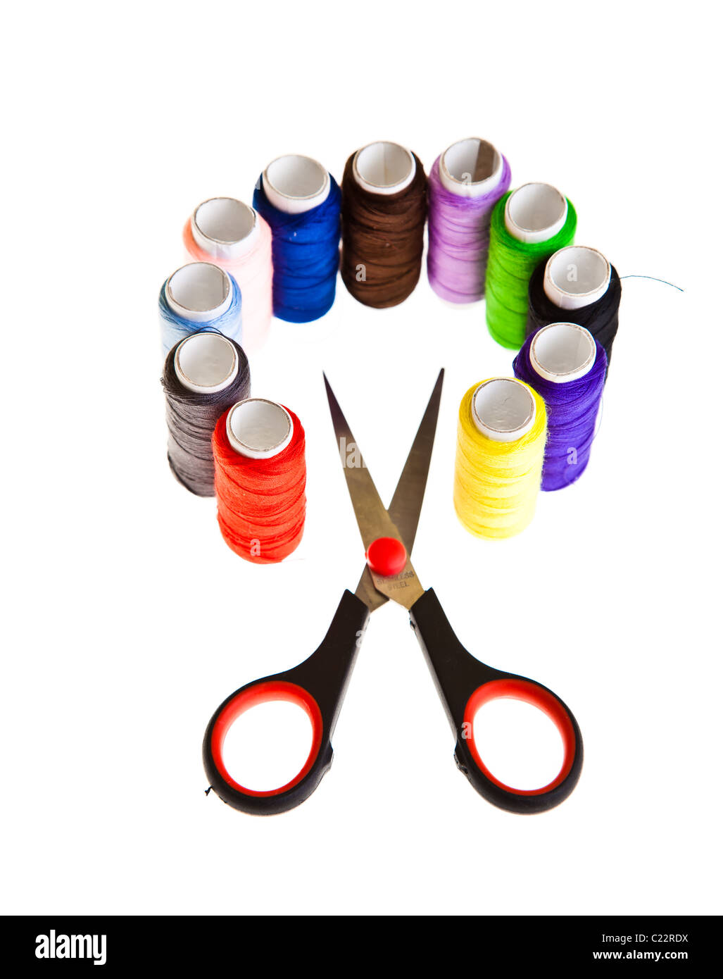 Colorful sewing threads and tools on white isolated background Stock ...