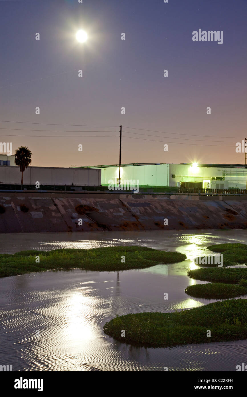 Los Angeles River with full moon, Los Angeles, California, USA Stock ...