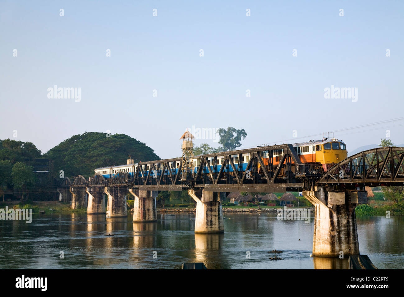 A train crosses the infamous Death Railway Bridge (Bridge over the ...