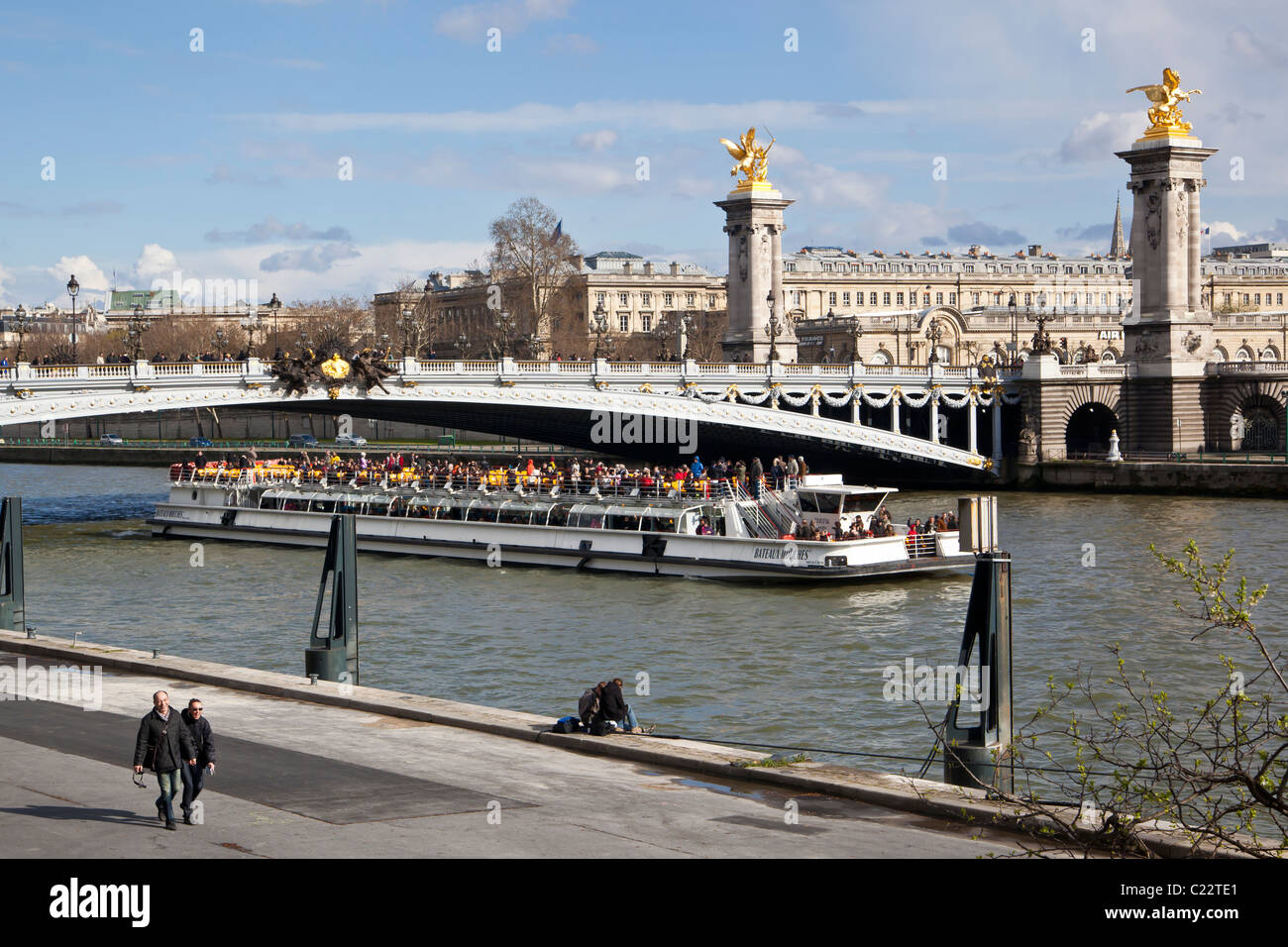 Bateau mouche tour boat on the Seine River; Paris, France, Europe ...
