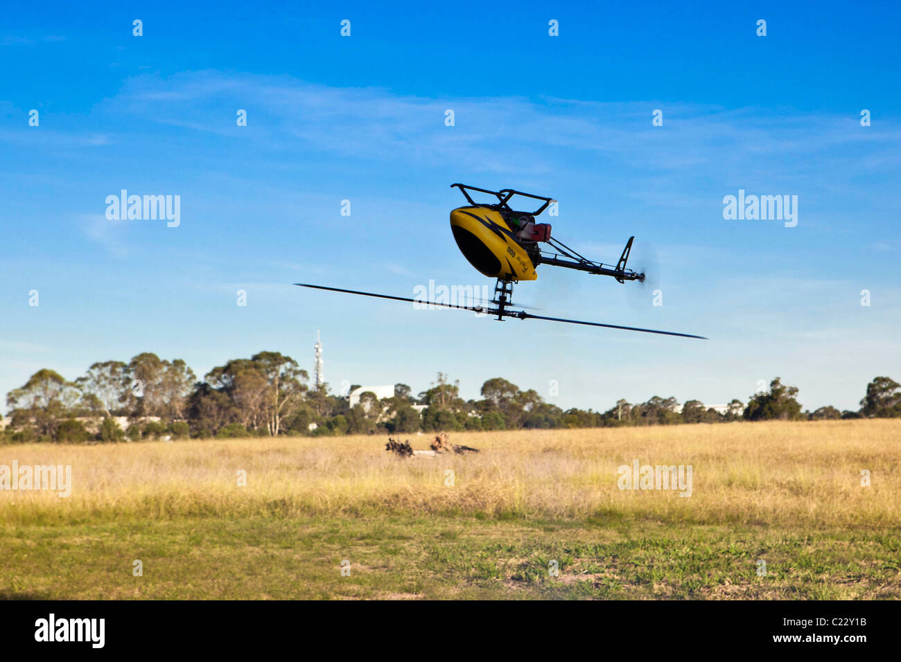 A radio controlled model helicopter demonstrating inverted flying Stock ...