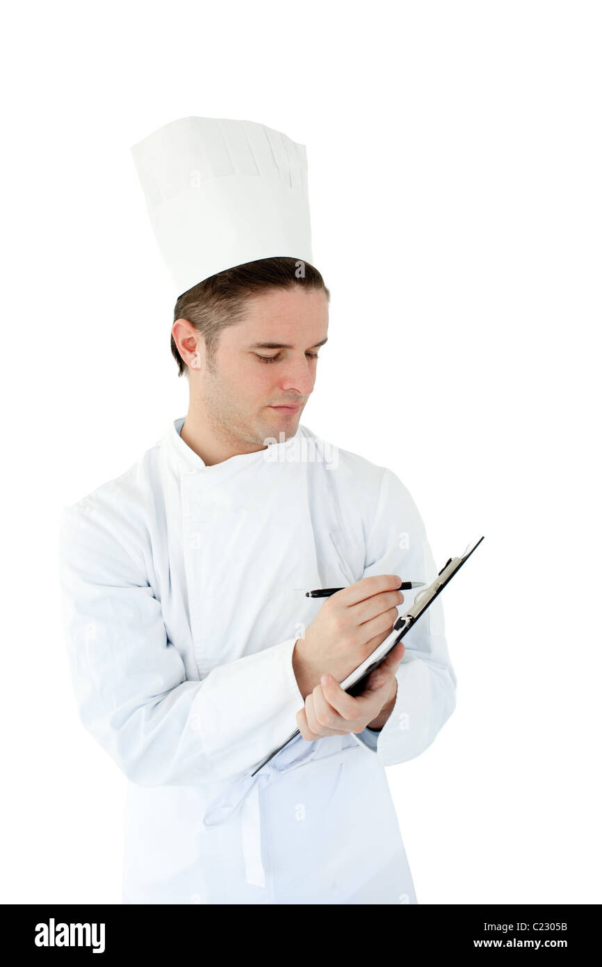 Cook writing with pen Stock Photo - Alamy