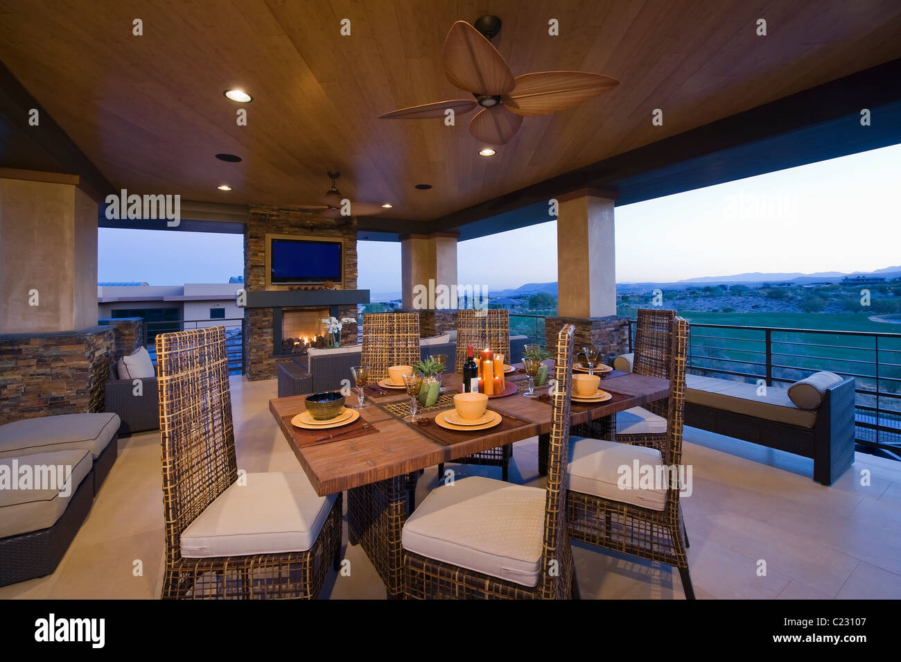 Dining room interior with outside views from windows Stock Photo - Alamy