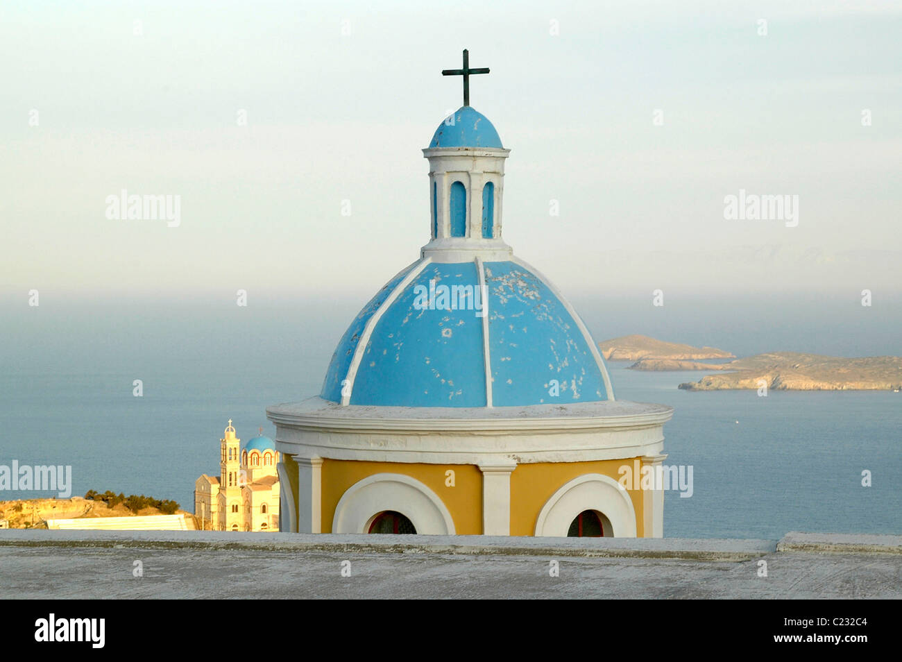 The blue dome of a church in the catholic neighbourhood of Ano Syros ...