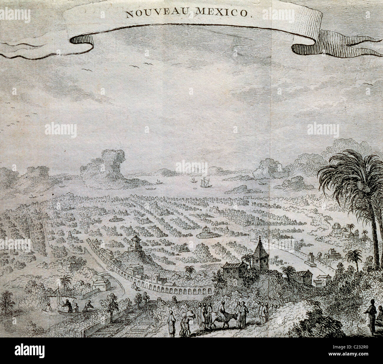 Map of New Mexico. View of the city in 1625, after an engraving of 1754 ...