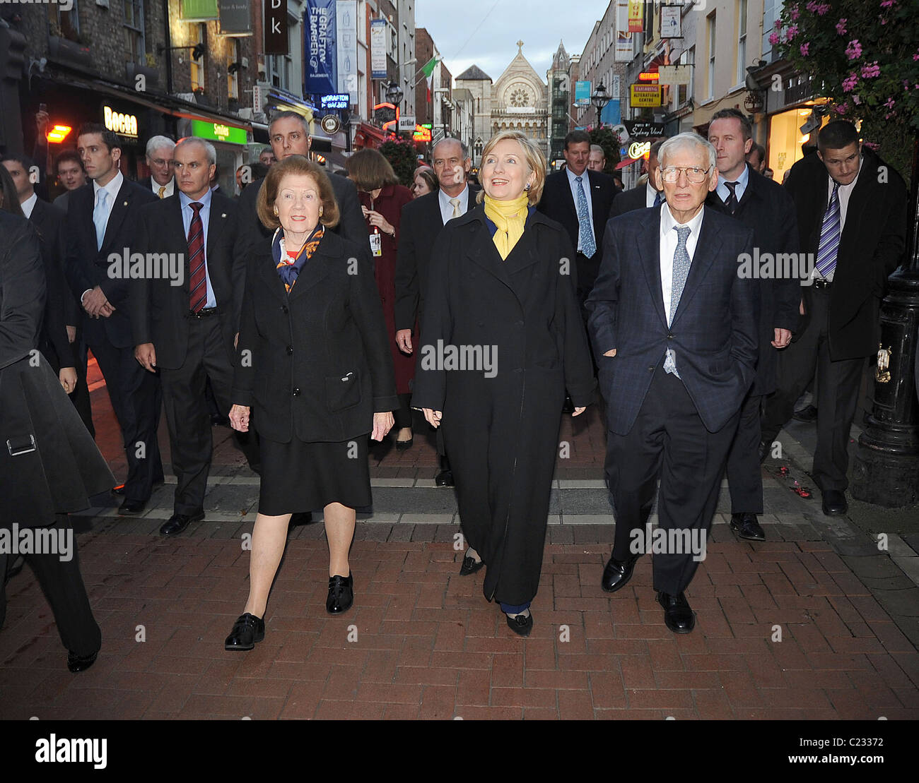 U.S. Secretary of State Hillary Clinton walks along Grafton Street with ...