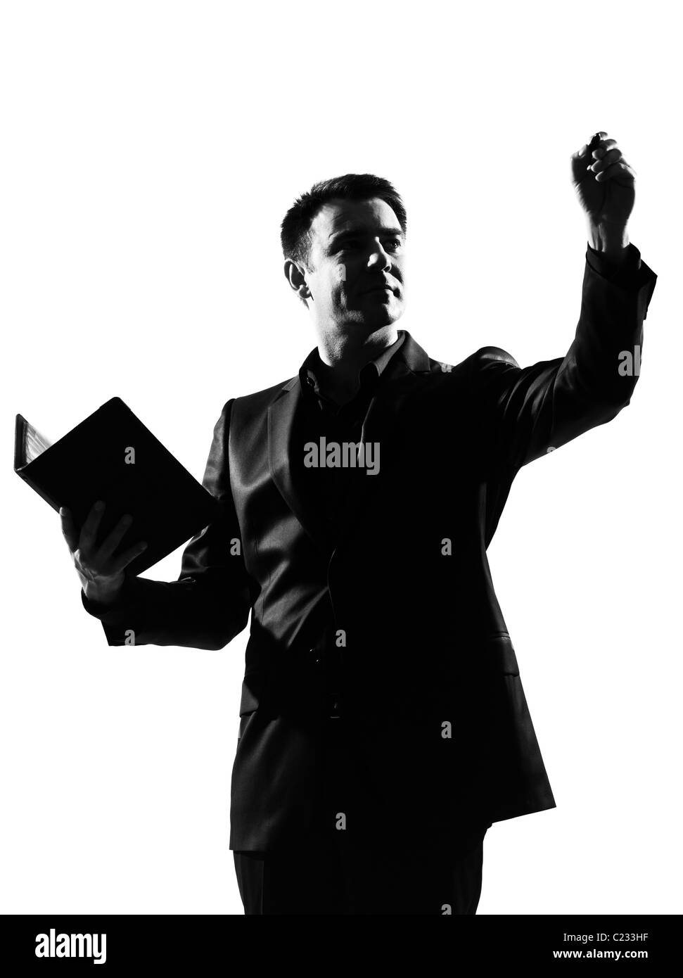 silhouette caucasian business man with note pad expressing behavior ...