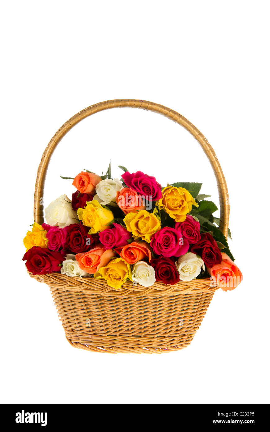 Colorful bouquet roses in basket isolated on white background Stock ...