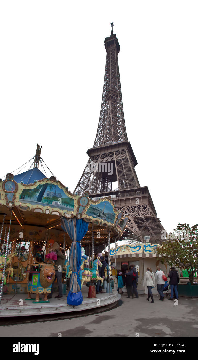 Carousel at Paris Eiffel Tower Paris France cut out isolated on white background. Studio Lupica ...