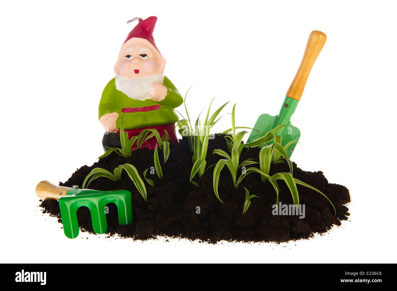 Gardening with gnome and garden tools isolated over white background ...