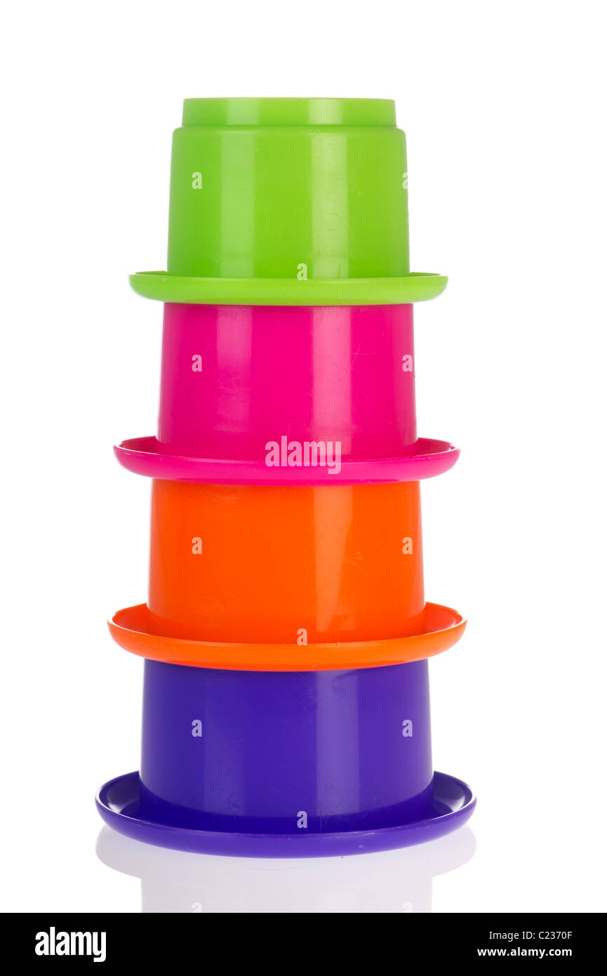 colorful plastic toy tower isolated over white background Stock Photo ...
