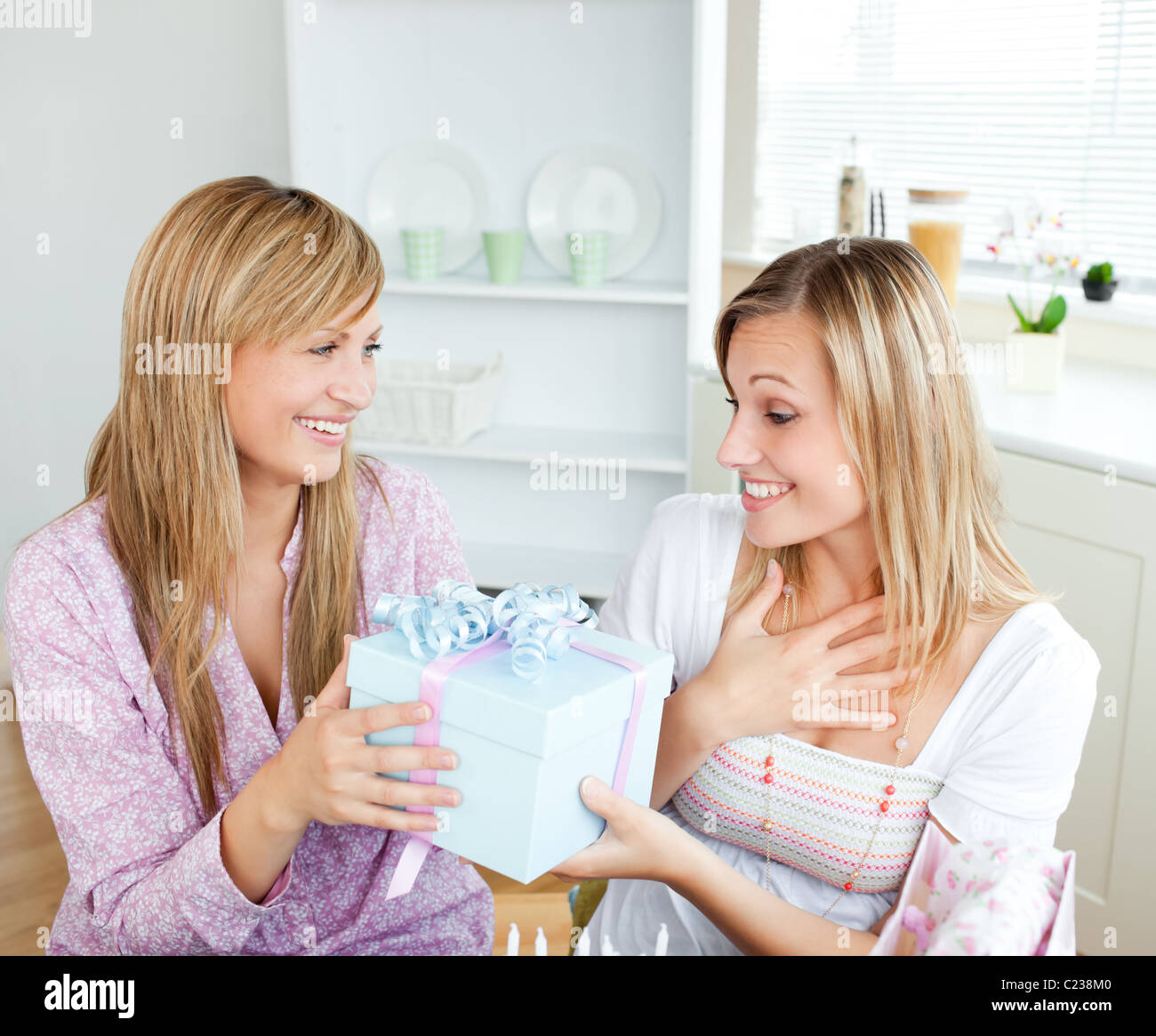 Merry woman giving a present to her surprised friend for her birthday ...