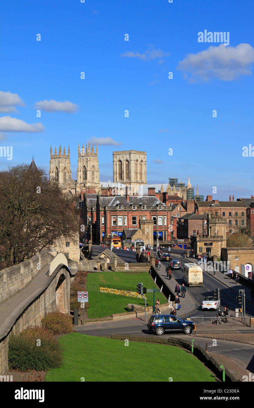 York Minster from the Roman City walls, York, North Yorkshire, England ...